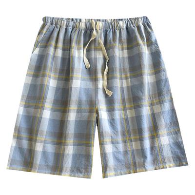 夏季男纯棉五分裤水洗棉格子睡裤