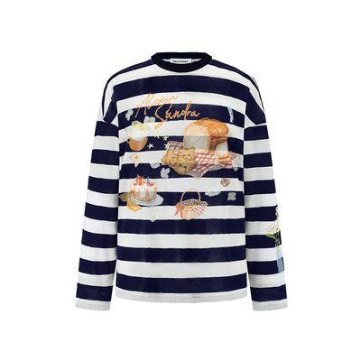 秋游系列撞色条纹野餐印花长袖