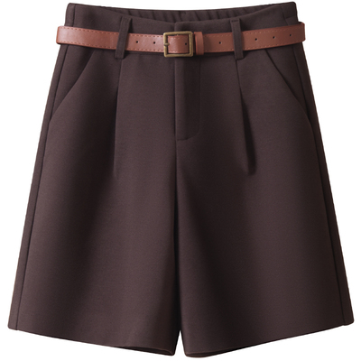 休闲毛呢阔腿裤女秋冬季2025年新款松紧腰显瘦五分裤百搭a字短裤