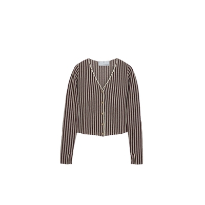 XUZHI2025春季新品条纹提花钩针饰边复古气质百搭修身针织开衫