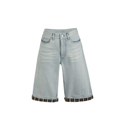 MOMENTPLAY翻边格纹牛仔八分裤秋