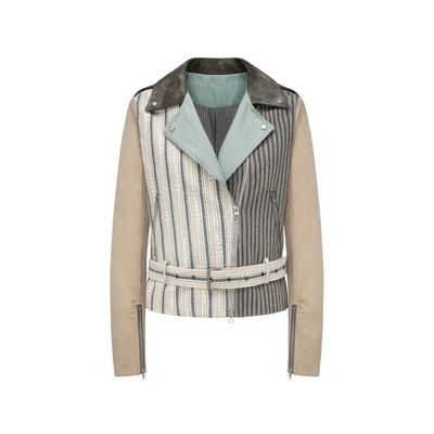 多材质拼接条纹机车收腰短款外套