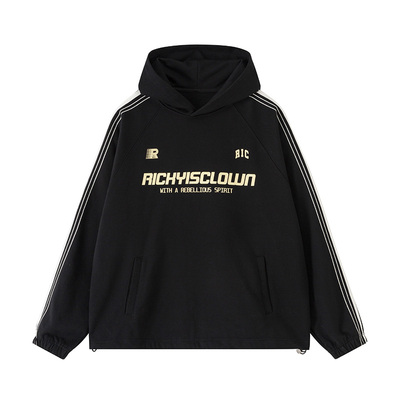 RickyisClown25秋季织带链条绣连帽套头情侣卫衣撞色宽松潮牌