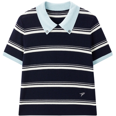 太平鸟miu系条纹撞色短袖针织衫