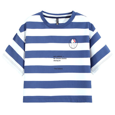 100%品质T恤女夏装2025新款韩版宽条纹打底衫短款流行休闲上衣潮