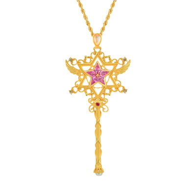 PINKBOX仲夏夜之星黄金吊坠999足金镶嵌粉蓝宝月光石挂坠手工工艺