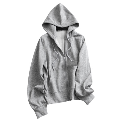 休闲风百搭纯色连帽拉链开襟卫衣