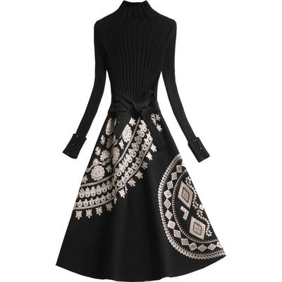 针织刺绣复古系带高领长袖连衣裙