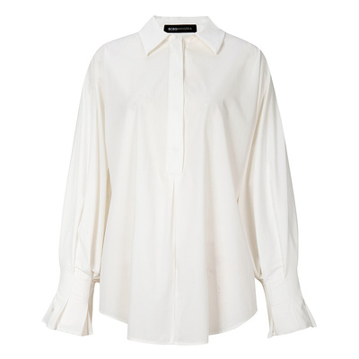 【博主同款】BCBG春秋亲肤四面弹法式半开襟叠褶白色宽松翻领衬衫