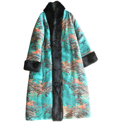 云澍原创獭兔毛拼接中式长款棉衣