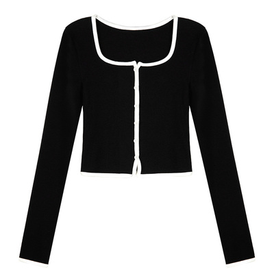 短款露腰方领撞色打底衫