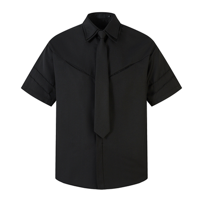 双层领短袖衬衫男纯色领带衬衣