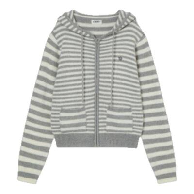 【现货】fletta bloom韩国aeae休闲风拼色条纹连帽针织毛衣外套女