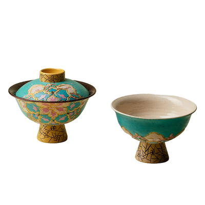 山几由 大漆手绘宝相花纹盖碗主人杯景德镇中式创意手工雕刻茶具