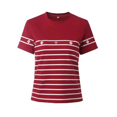 圆领印花宽松短袖t恤2025新款洋气显瘦妈妈夏装减龄条纹气质小衫