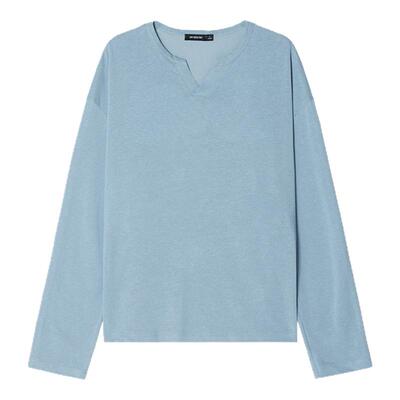 【极简静奢】Unvesno(UN)老钱风小V领亚麻莱赛尔棉混纺长袖T恤