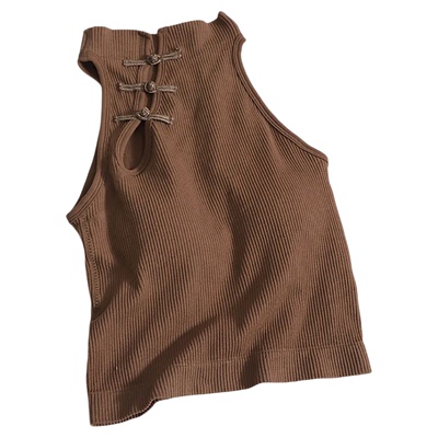 Solid color button up sleeveless top 纯色系扣露脐无袖上衣女