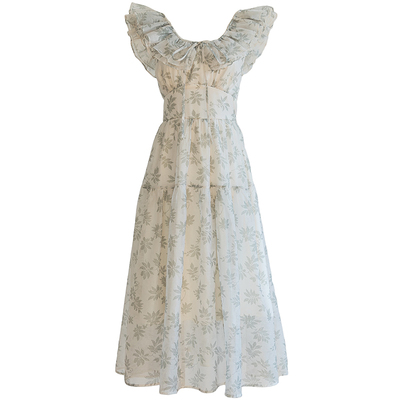 法式复古一字领雪纺印花连衣裙