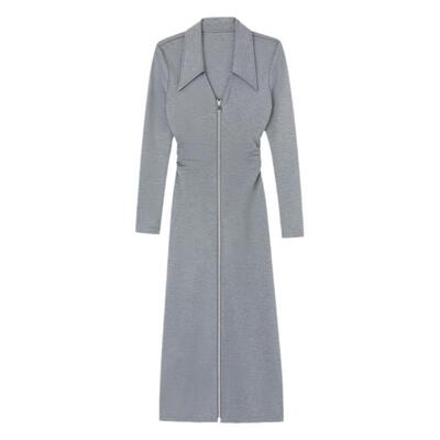 PAPERLLL辛间黑色拉链长袖连衣裙女大尖领百搭秋冬设计感打底长裙