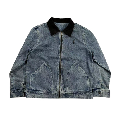 美式底特律做旧灯芯绒拼接牛仔衣