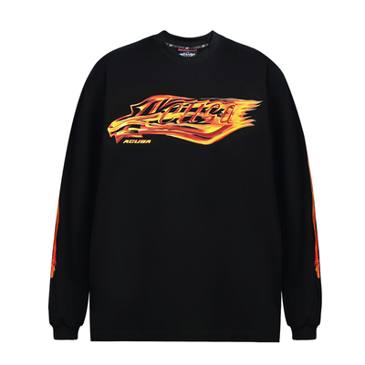 小领口长袖T恤美式休闲火焰印花