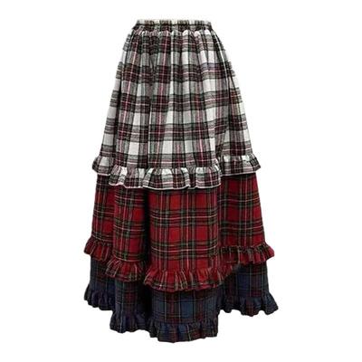 现货圣诞穿搭格子狂想曲呢子花边拼色渐变半身裙格纹高腰蛋糕裙女