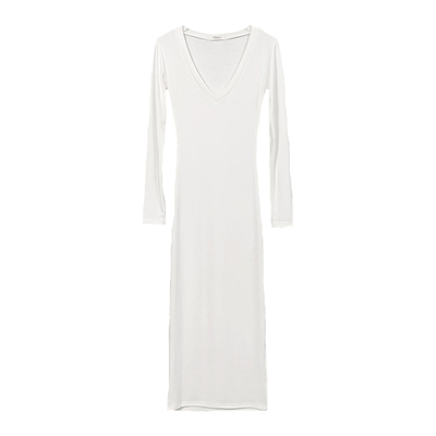 包臀长裙纯棉白色V领性感紧身裙