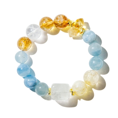 遇水生财天然巴西黄白水晶手串海蓝宝招财手链饰品黄塔晶白幽灵