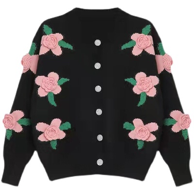 花朵针织外套批发纽扣圆领外搭