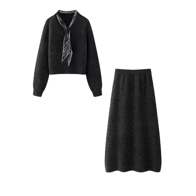 秋冬穿搭一整套女V领丝巾高级感慵懒针织衫半身长裙两件套装2937