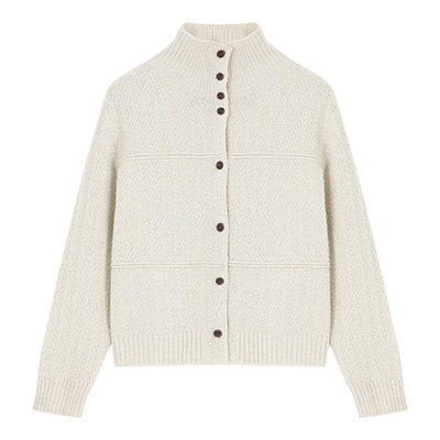 Basic House/百家好高领单排扣绵羊毛开衫毛衣女冬慵懒风针织外套