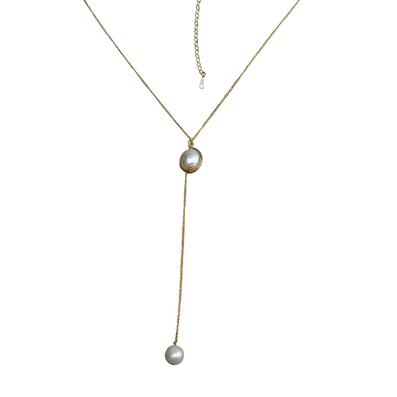 Tyusha精致慵懒中长款项链美国14K包金天然巴洛克珍珠项链毛衣链_虎窝淘