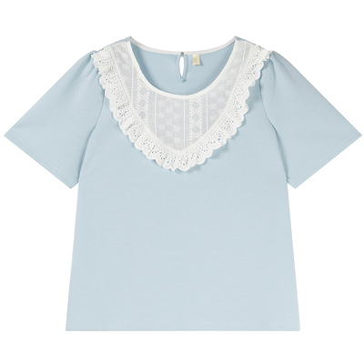 时尚设计感拼接花边针织T恤衫