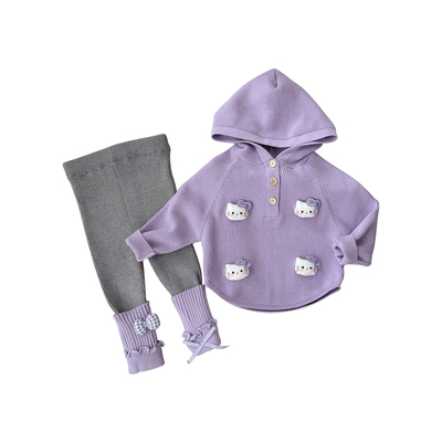 春秋新品儿童卡通KT猫毛衣女宝宝可爱休闲针织衫蝴蝶结打底裤套装