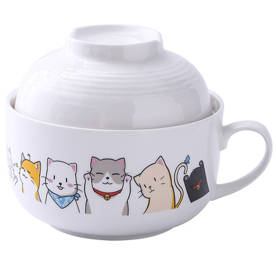 日式创意卡通陶瓷泡面碗带盖碗学生宿舍方便面杯单个饭碗可微波炉
