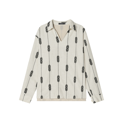 【亚麻】Unvesno(UN)老钱BC风亚麻混纺定制绣花双层V领衬衫秋季