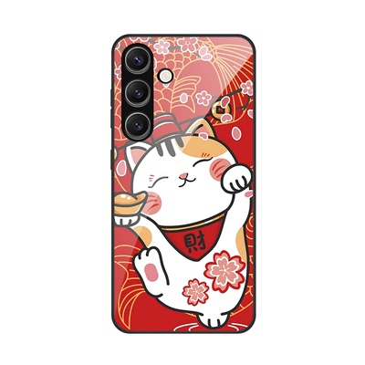 招财猫咪三星手机壳玻璃全包