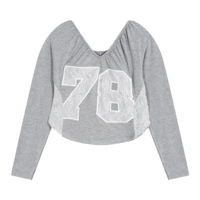 Heatherich T恤女2026春季新款简约小清新蕾丝数字V领上衣327119