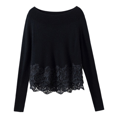 斜肩水溶蕾丝拼接针织衫上衣女