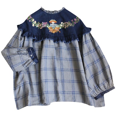 刺绣紫藤街娃娃衫宽松款格子