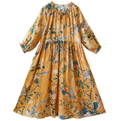 多色碎花连衣裙花边领长裙女夏