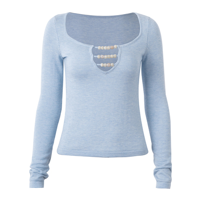 PynkiSwear 浅蓝美丽诺羊毛圆领镂空串珠针织衫T恤修身上衣女秋