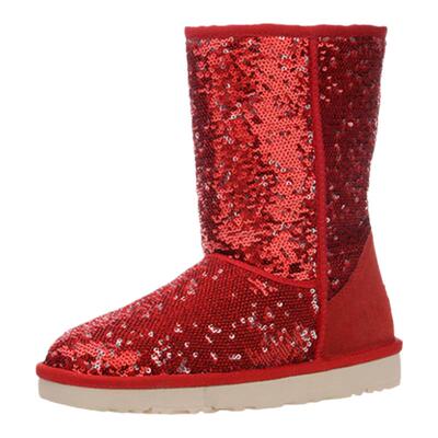 hoz亮片平底橡胶防滑中筒靴