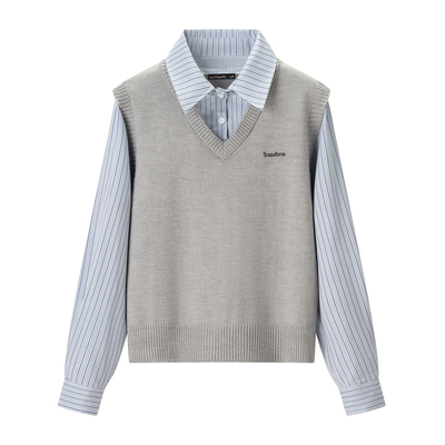 拉夏贝尔/La Chapelle假俩件拼接马甲针织衫女春季学院风长袖衬衫