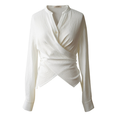 popchrio精致立领交叉围裹衬衫