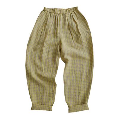 宽松九分长裤明黄格法国亚麻