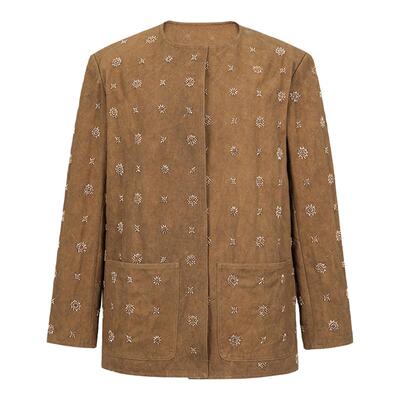 dorydory圆领重工枯黄色绣珠西装外套气质名媛高级感休闲上衣