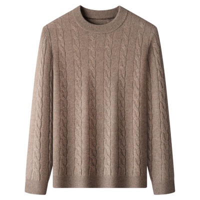 100%纯山羊绒衫男圆领绞花针织衫