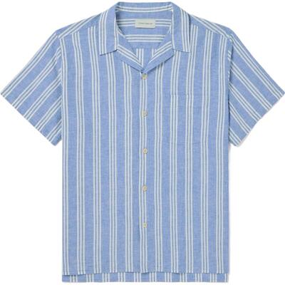 Oliver Spencer春夏男蓝色多巴胺古巴领条纹短袖衬衫