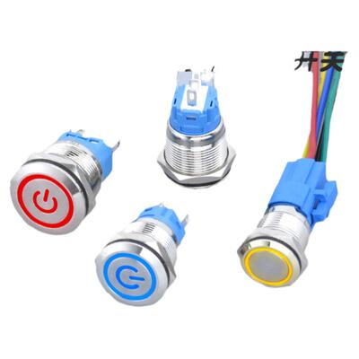金属按钮开关高平头电源符号带LED灯自锁复位12V5脚3脚16/19/22mm